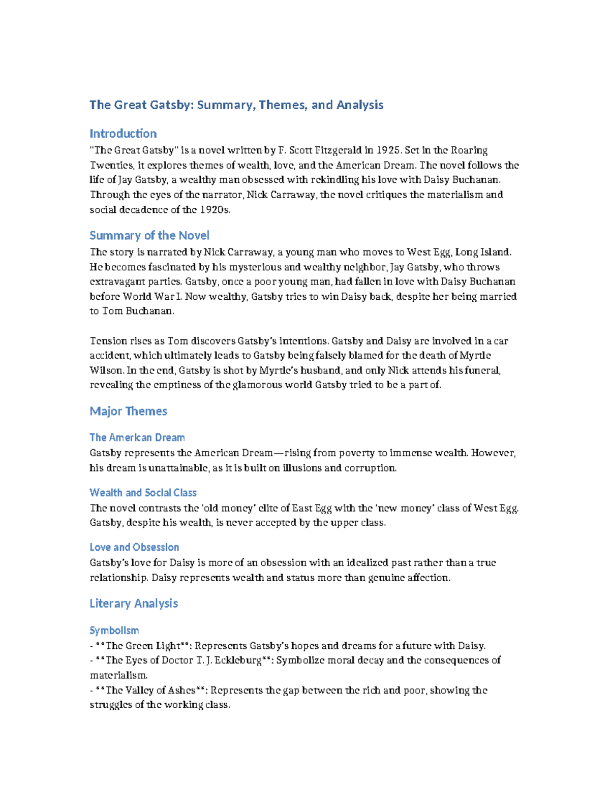 The Great Gatsby: Summary, Themes & Literary Analysis Notes - Studocu