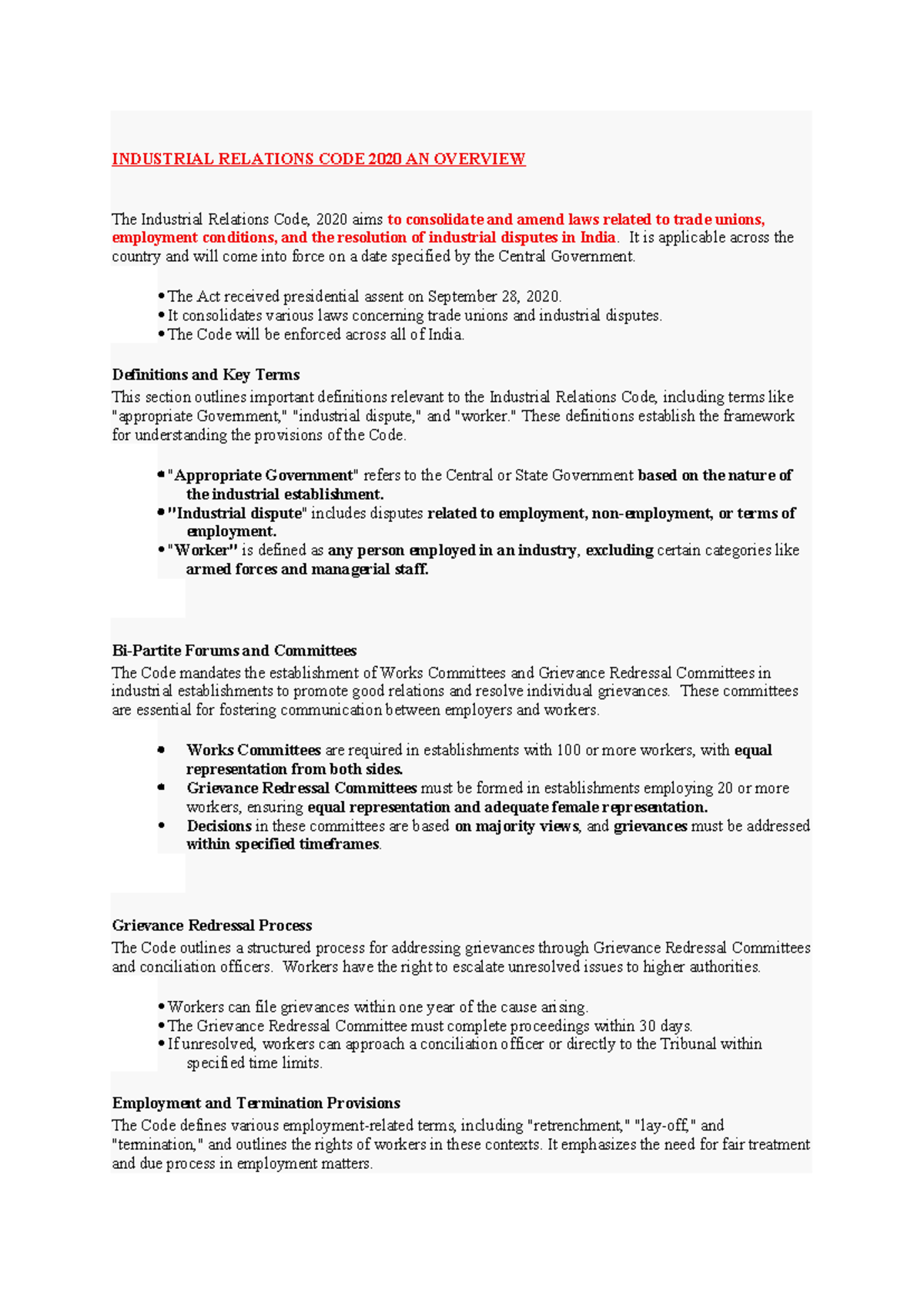 Industrial Relations Code 2020: Key Provisions and Overview - Studocu
