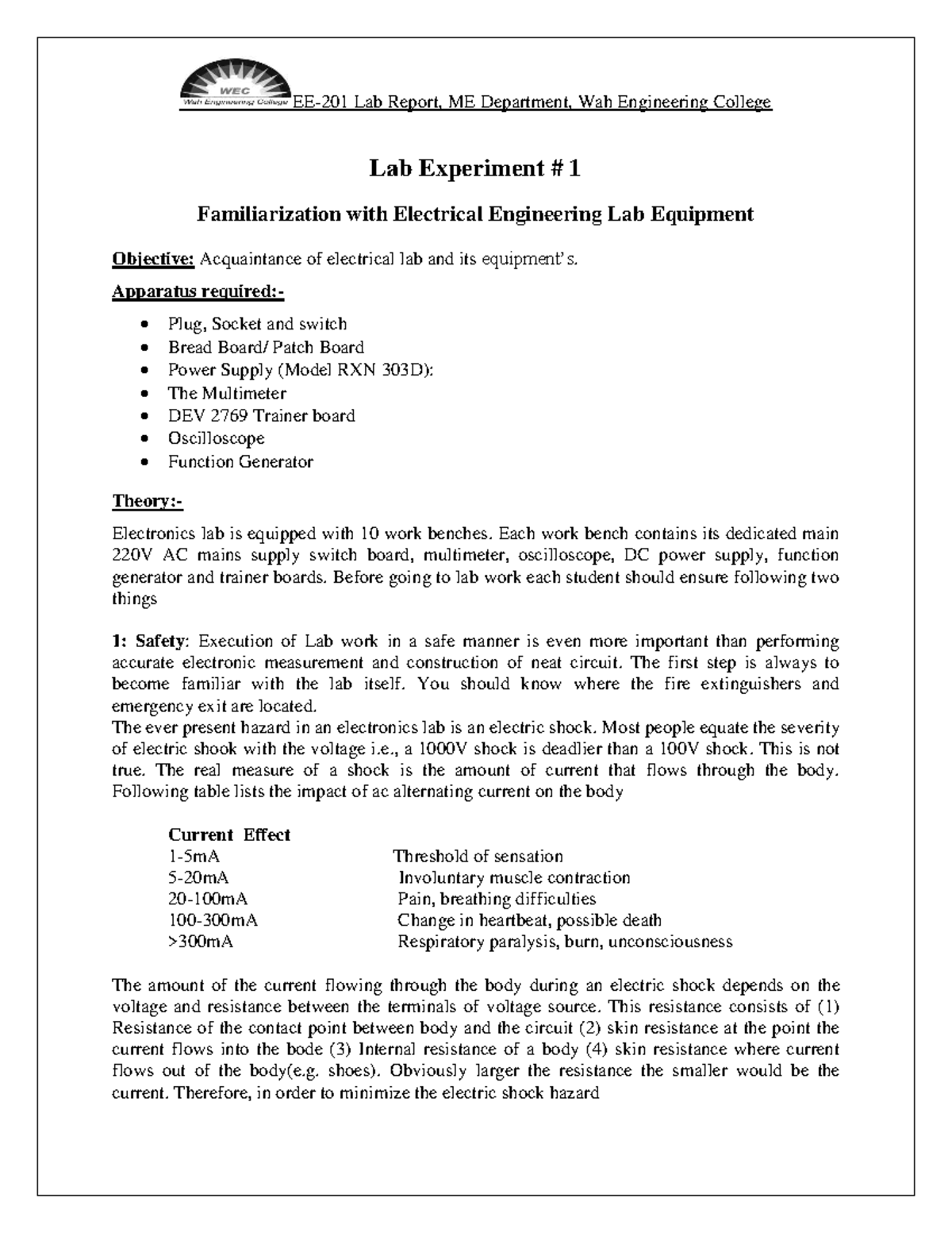Lab Experiment 1 Familiarization with El - Apparatus required:- Plug ...