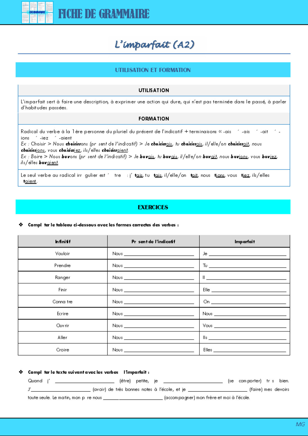 FICHE DE GRAMMAIRE A2 : L'Imparfait - Exercices de Révision - Studocu