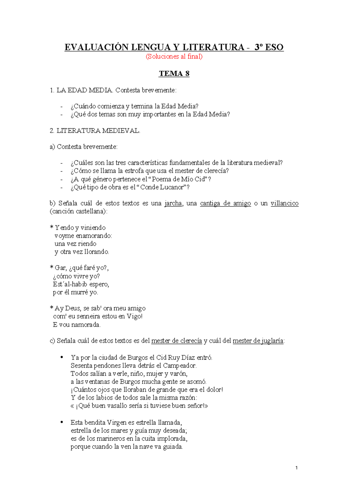 EVALUACIÓN 3º ESO LENGUA Y LITERATURA: TEMA 8 - LA EDAD MEDIA - Studocu