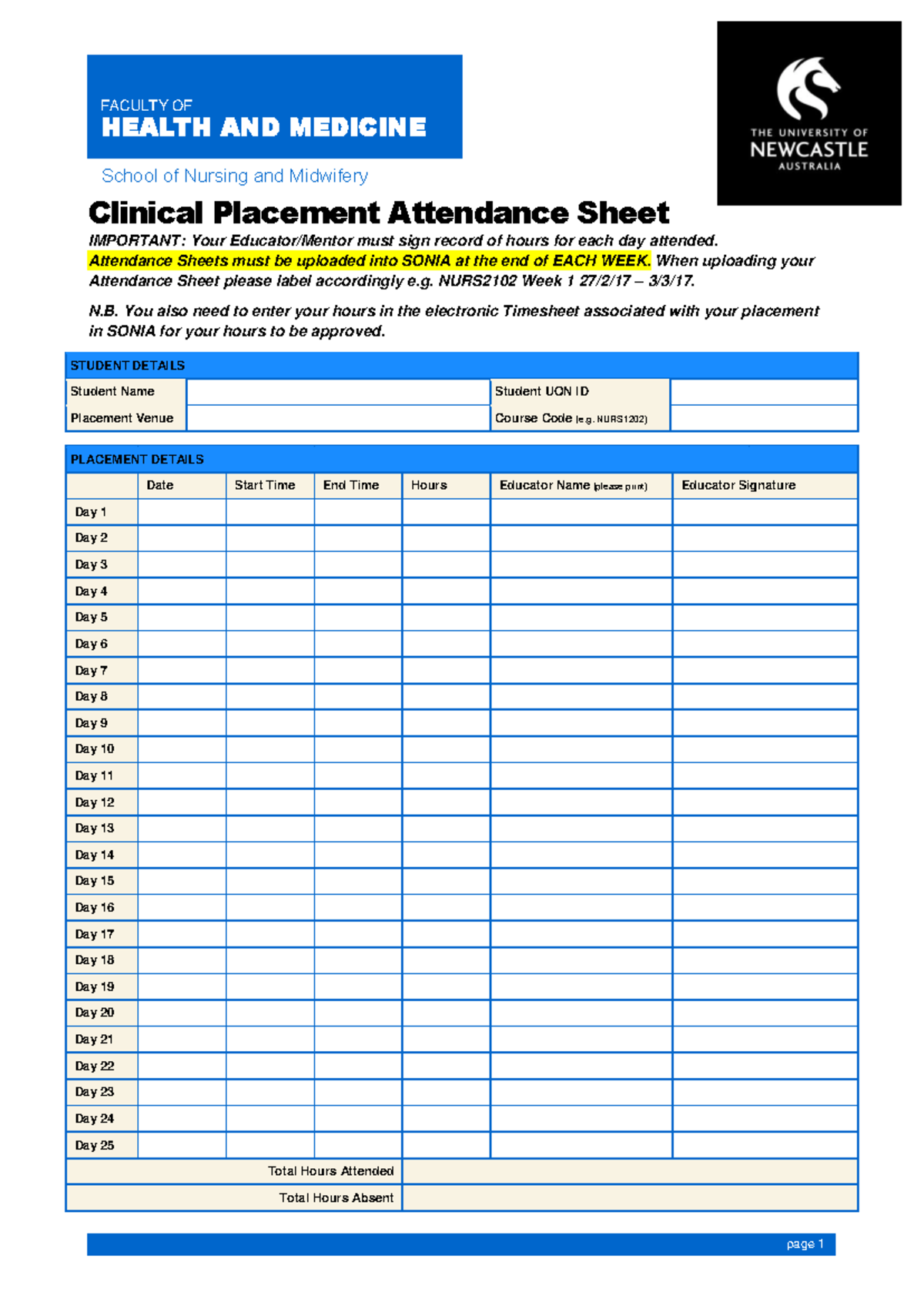 NURS2102 Clinical Placement Attendance Sheet & Timesheet Instructions - Studocu