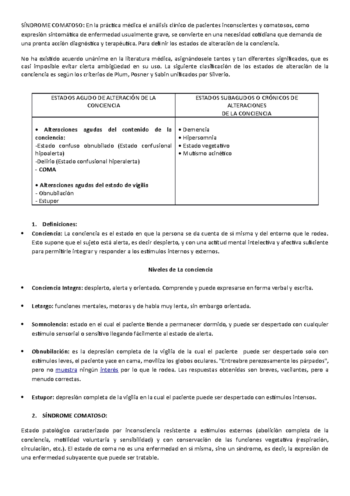 Síndrome Comatoso - Análisis Clínico y Estado de Conciencia - Studocu