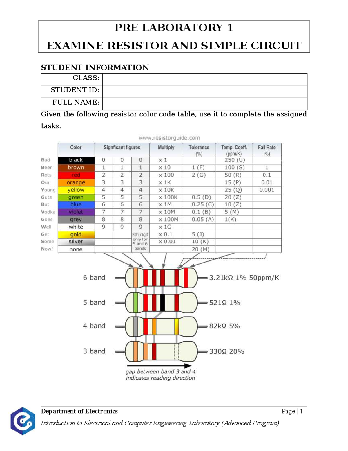 ECE 101 Pre Lab 1: Resistor & Simple Circuit Analysis - Studocu