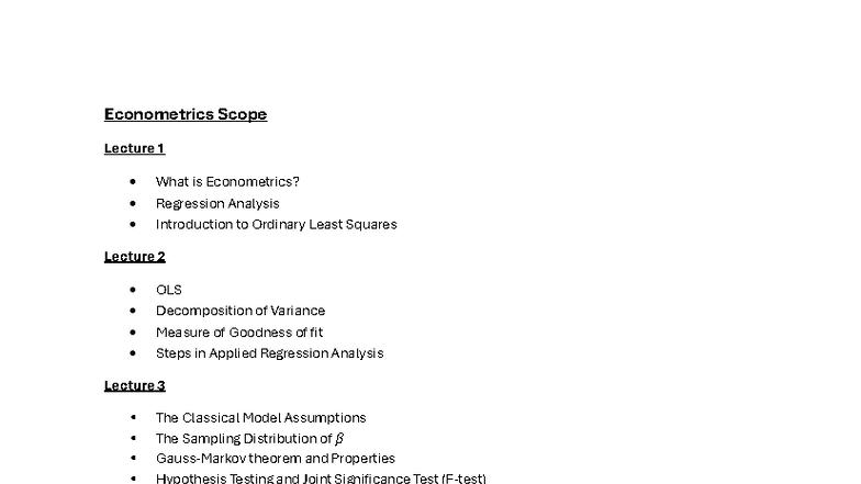 Econometrics Scope - Lecture Notes on OLS & Model Issues - Studocu