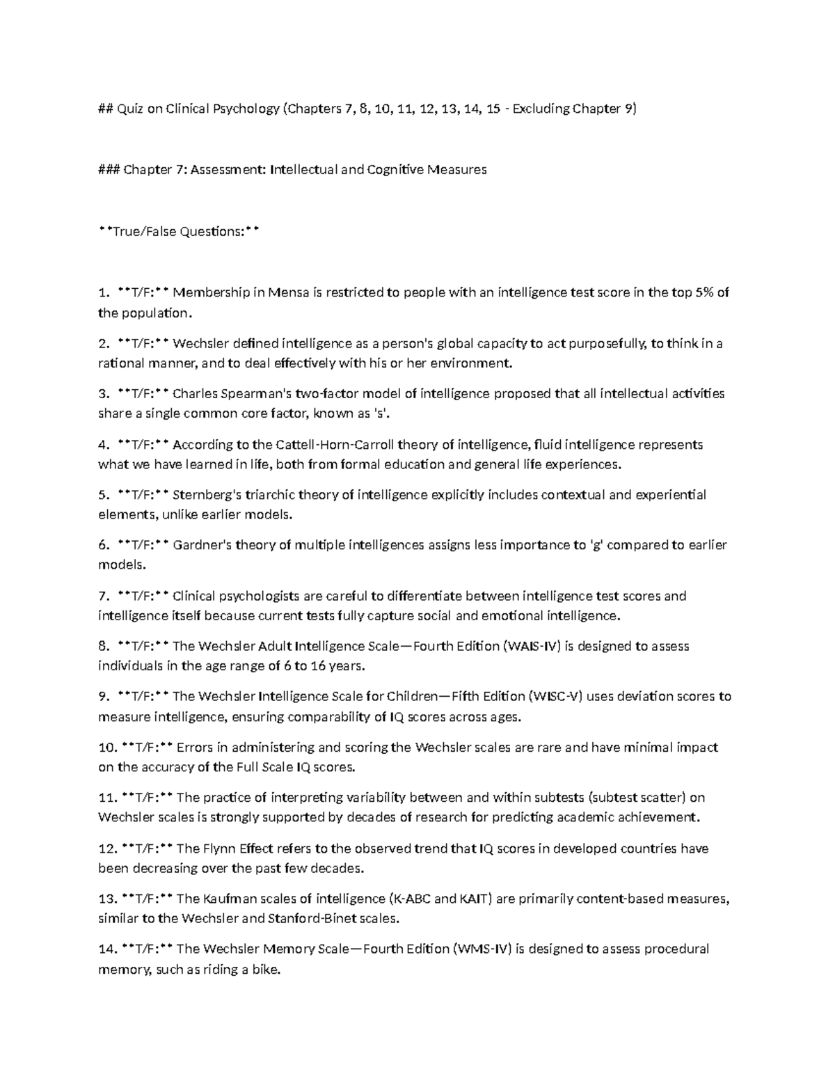 Quiz on Clinical Psychology (Chapters 7-15, Excl. Chapter 9) - Studocu
