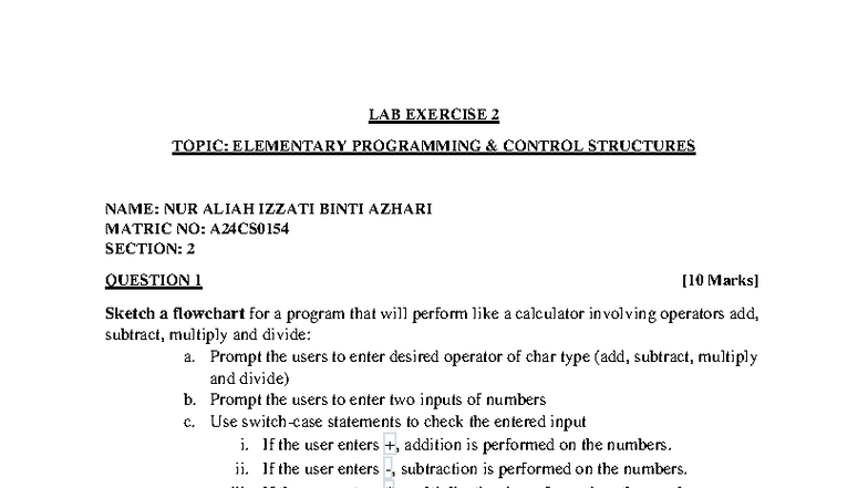 LAB Exercise 2: Flowchart & Program for Basic Calculator - Studocu