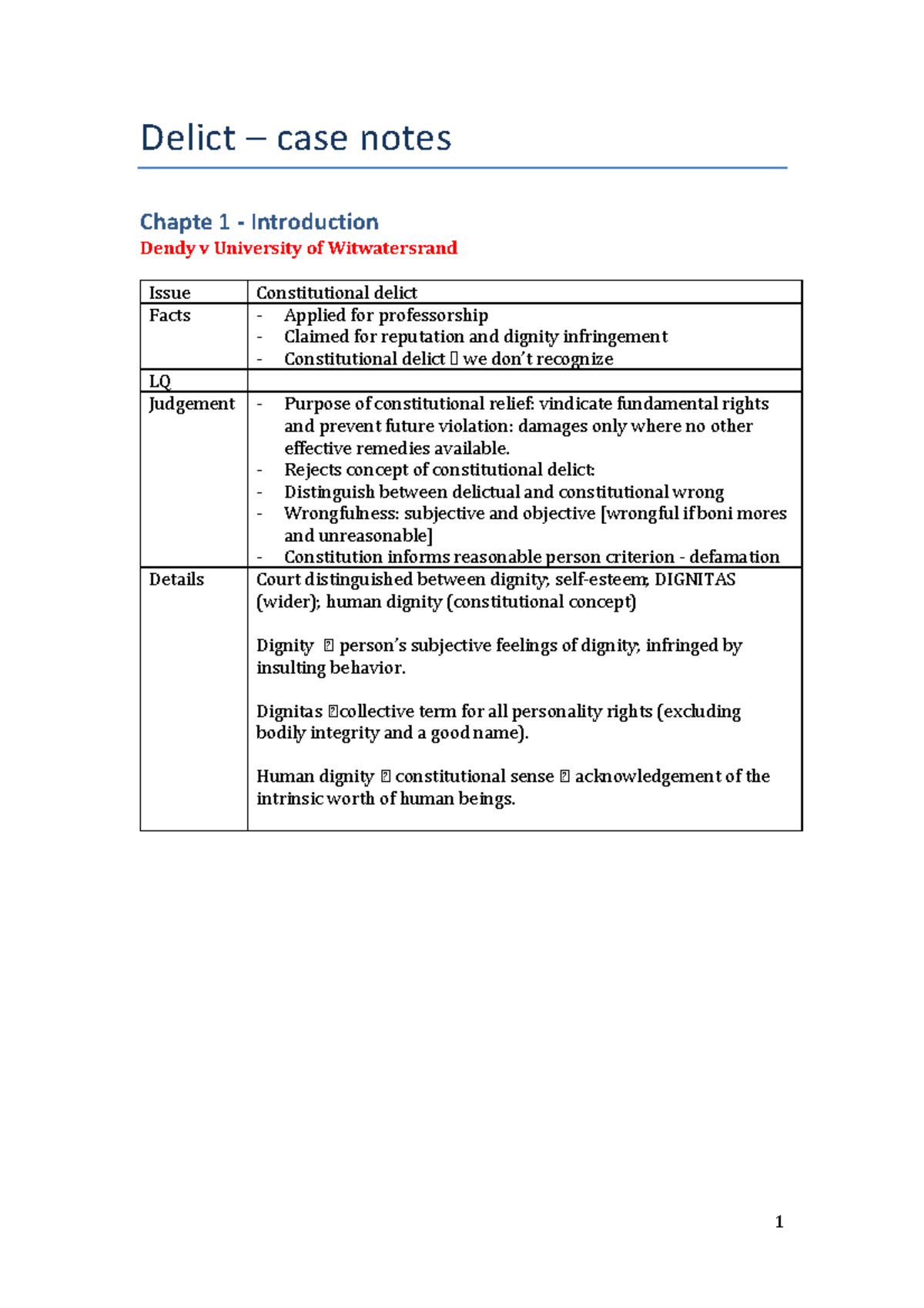 Delict – case notes - Summaries of all the case law - Delict – case ...