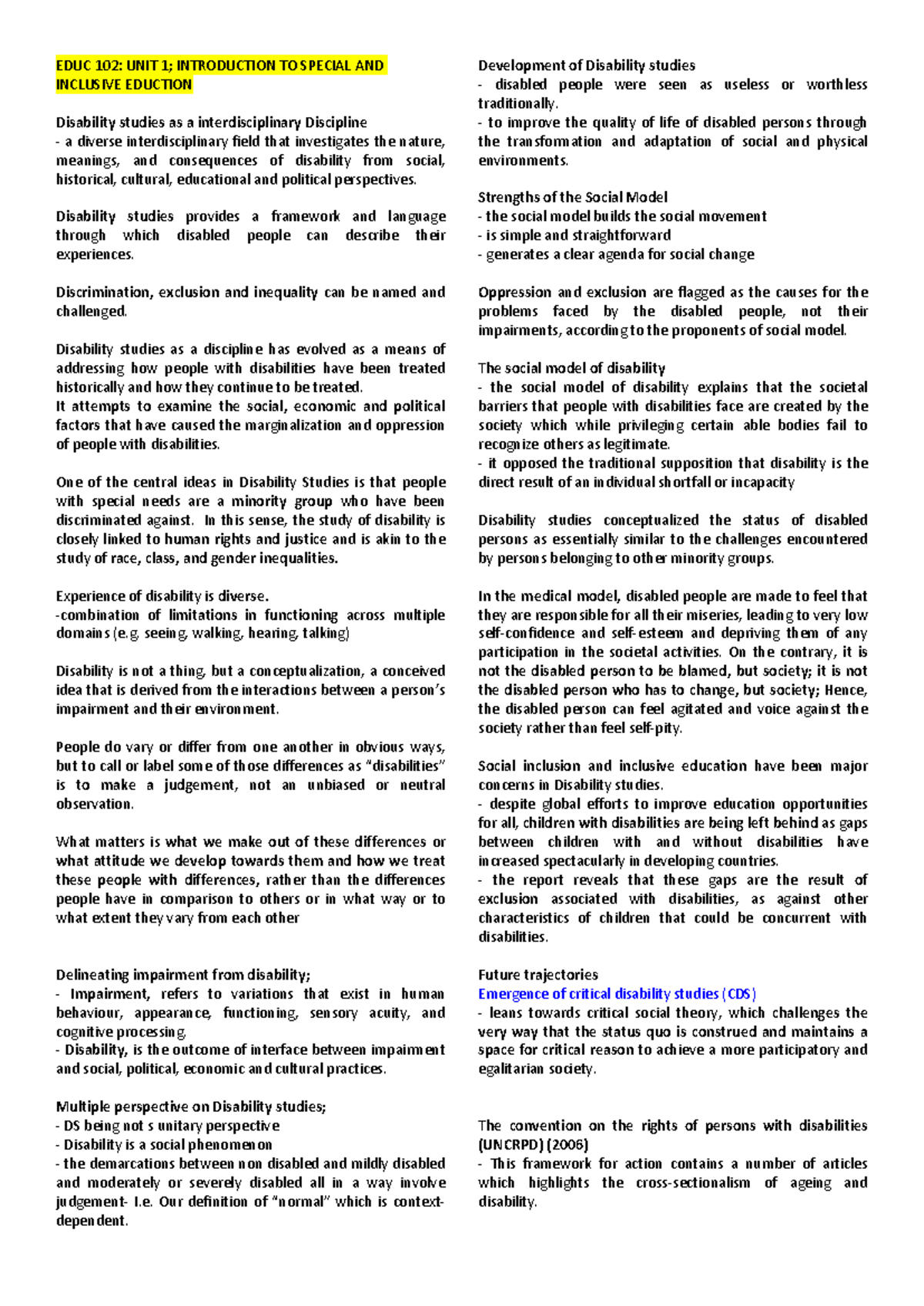 EDUC 102: UNIT 1 - INTRODUCTION TO SPECIAL AND INCLUSIVE EDUCATION ...