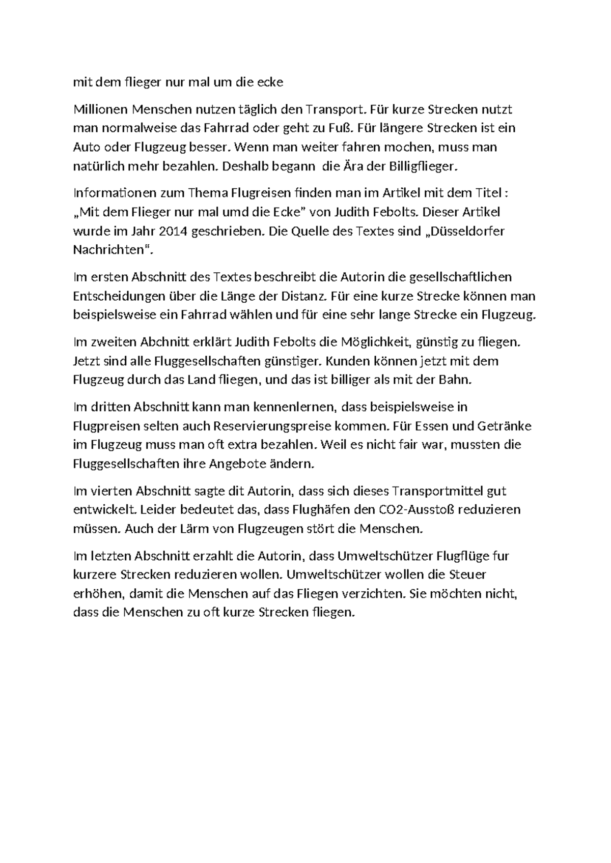 Mit dem Flieger um die Ecke: Billigflüge und ihre Auswirkungen - Studocu