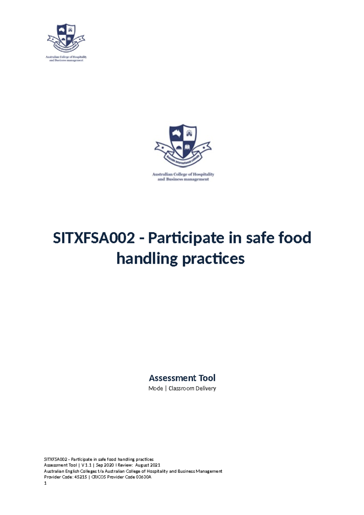 SITXFSA002 Assessment Tool for Safe Food Handling Practices - Studocu