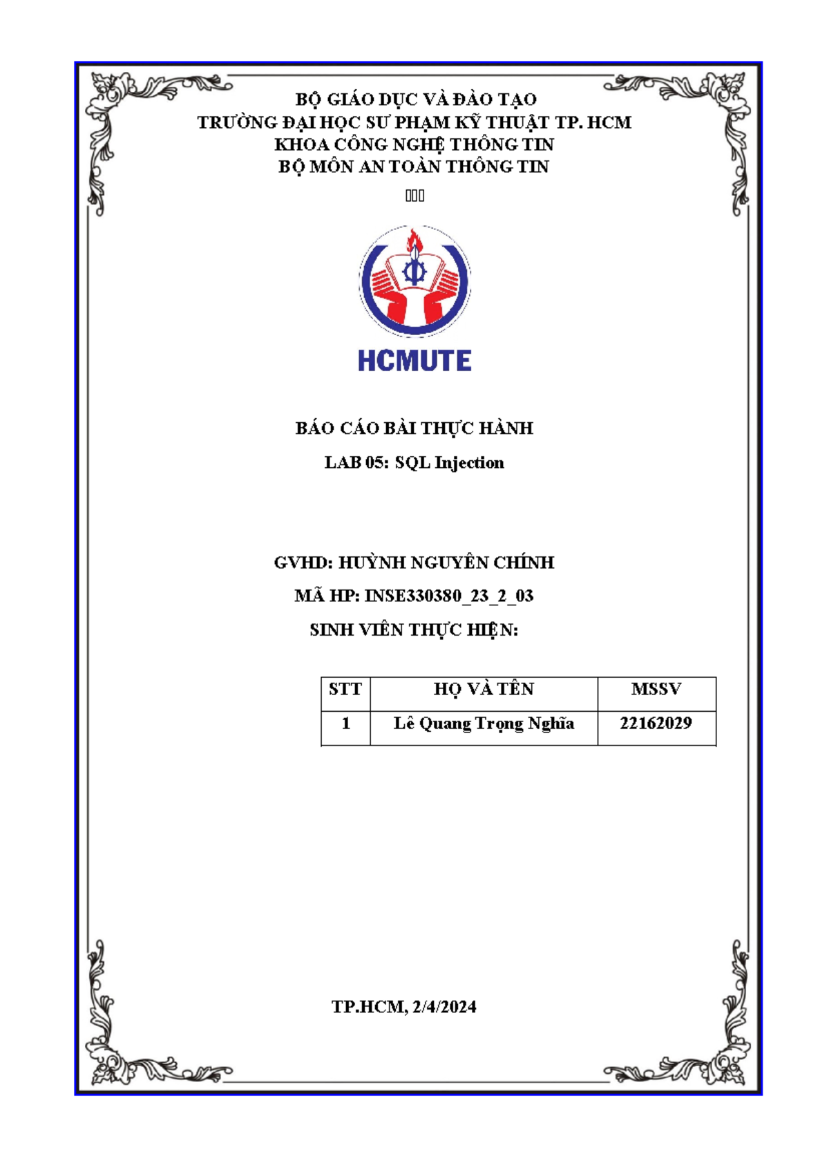 22162029 Lab 05: Thực Hành Tấn Công SQL Injection - Studocu