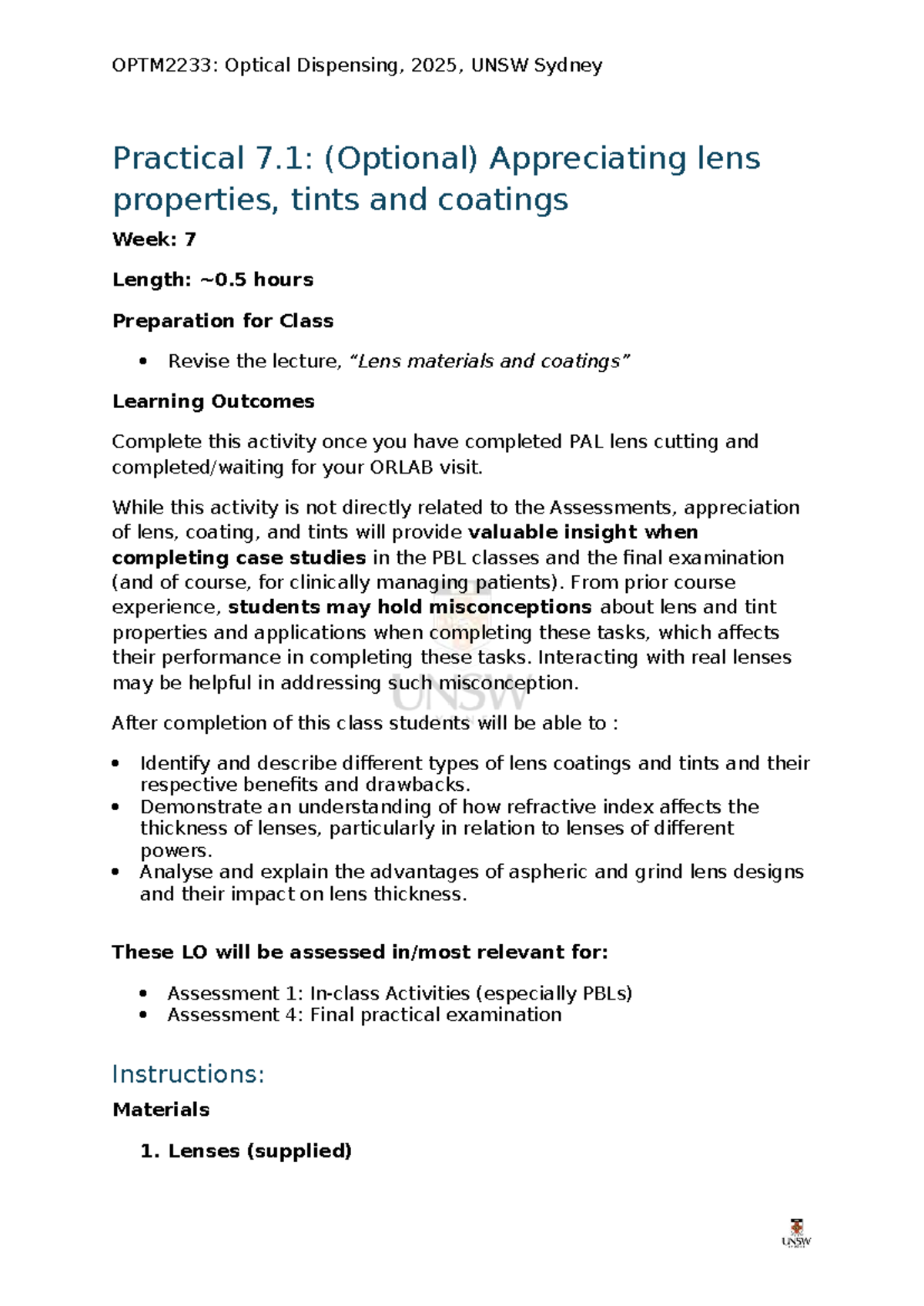 OPTM2233: Optical Dispensing, 2025, UNSW Sydney Week 7 Practical: Lens ...