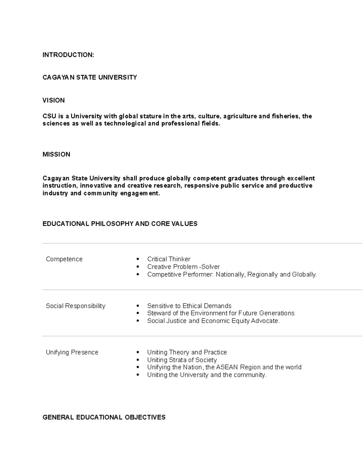 Unit-1 - notes - INTRODUCTION: CAGAYAN STATE UNIVERSITY VISION CSU is a ...