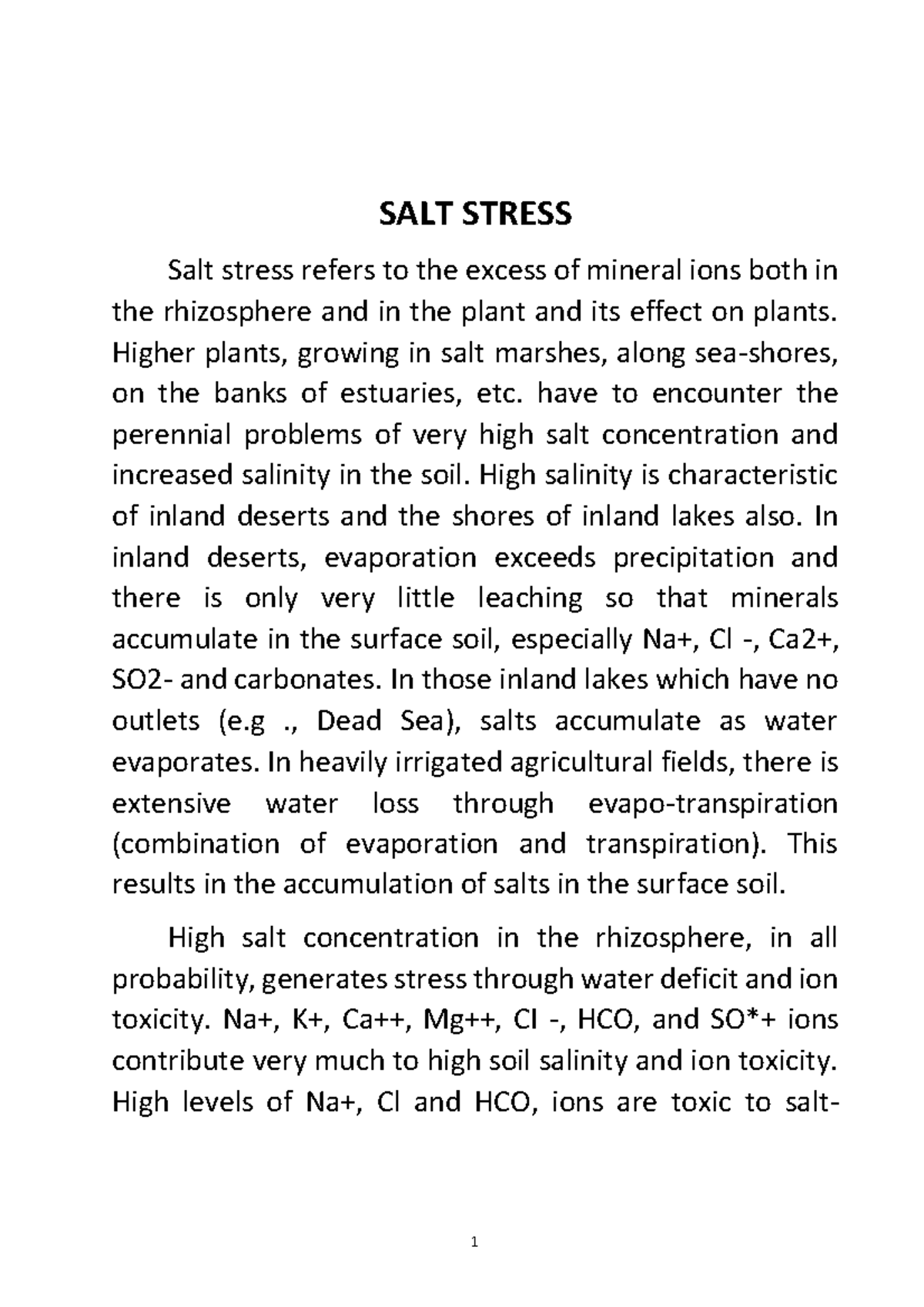 SALT Stress in Plants: Effects and Physiological Adaptations - Studocu