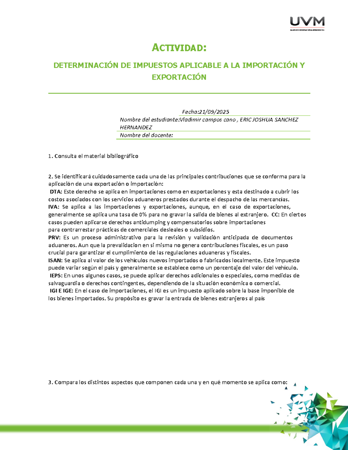 ACTIVIDAD: DETERMINACIÓN DE IMPUESTOS A LA IMPORTACIÓN Y EXPORTACIÓN ...