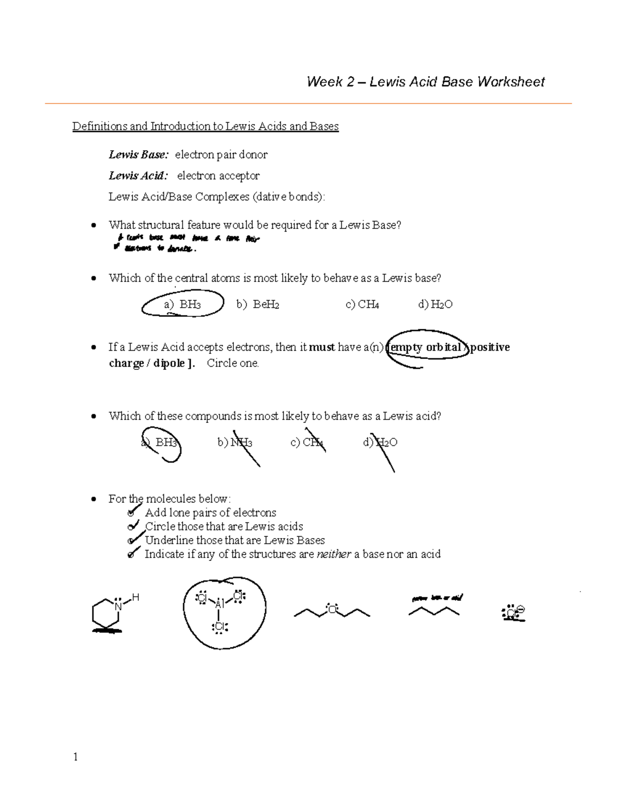 Week 2 Lewis Acid-Base Worksheet: Definitions & Reactions - Studocu