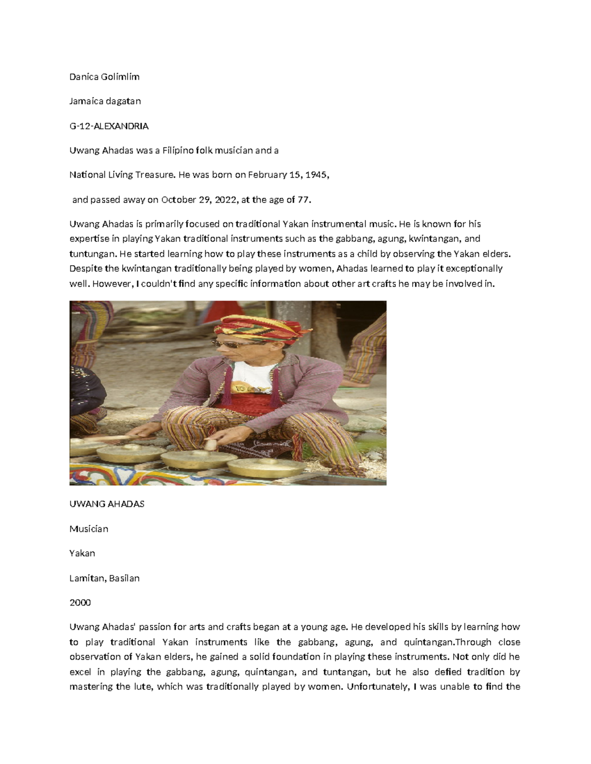 CPAR: Uwang Ahadas - A Tribute to a Yakan Folk Musician - Studocu