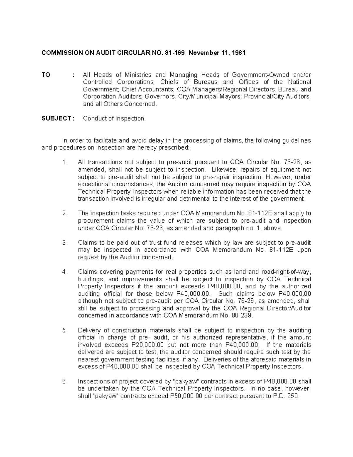 COA Circular 81-169: Guidelines for Conducting Inspections - Studocu