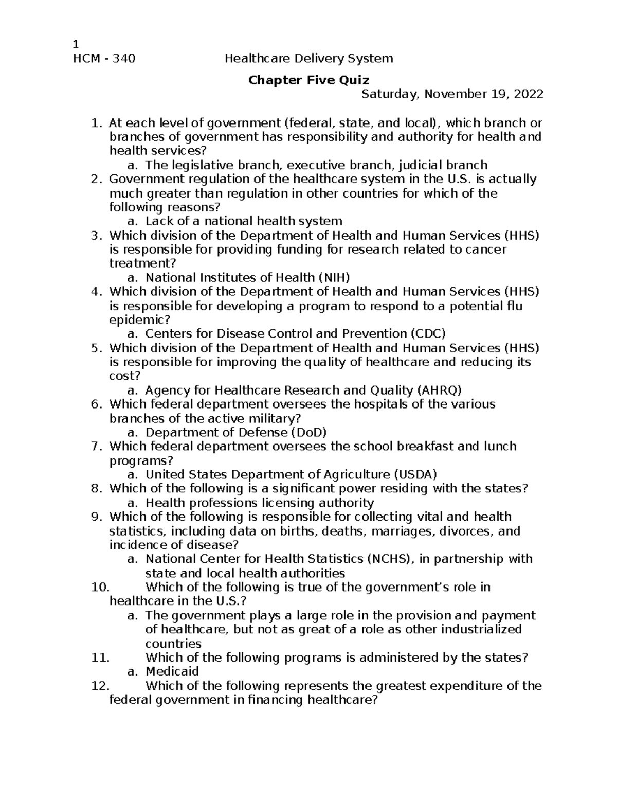 HCM 340 Chapter 5 Quiz: Government Roles in Healthcare Delivery - Studocu