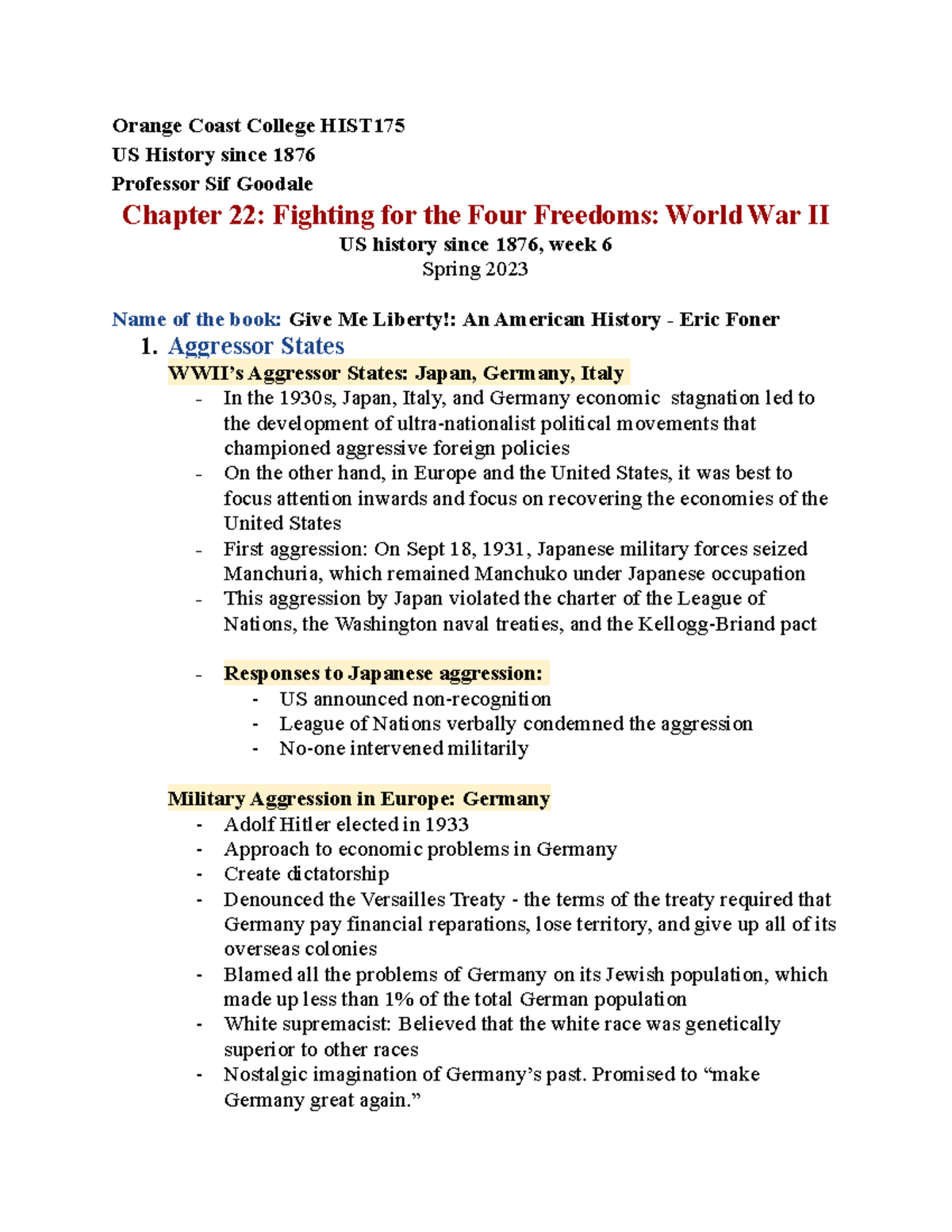 HIST 202 Chapter 22: Four Freedoms & WWII Aggressor States - Studocu