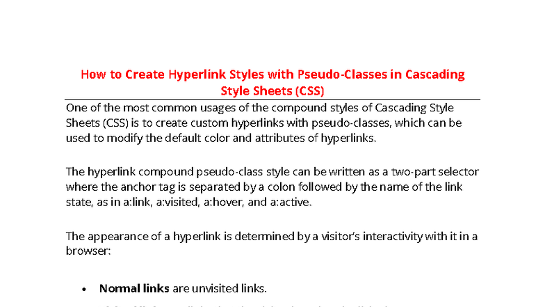 CSS - Creating External Hyperlink Styles with Pseudo-Classes - Studocu