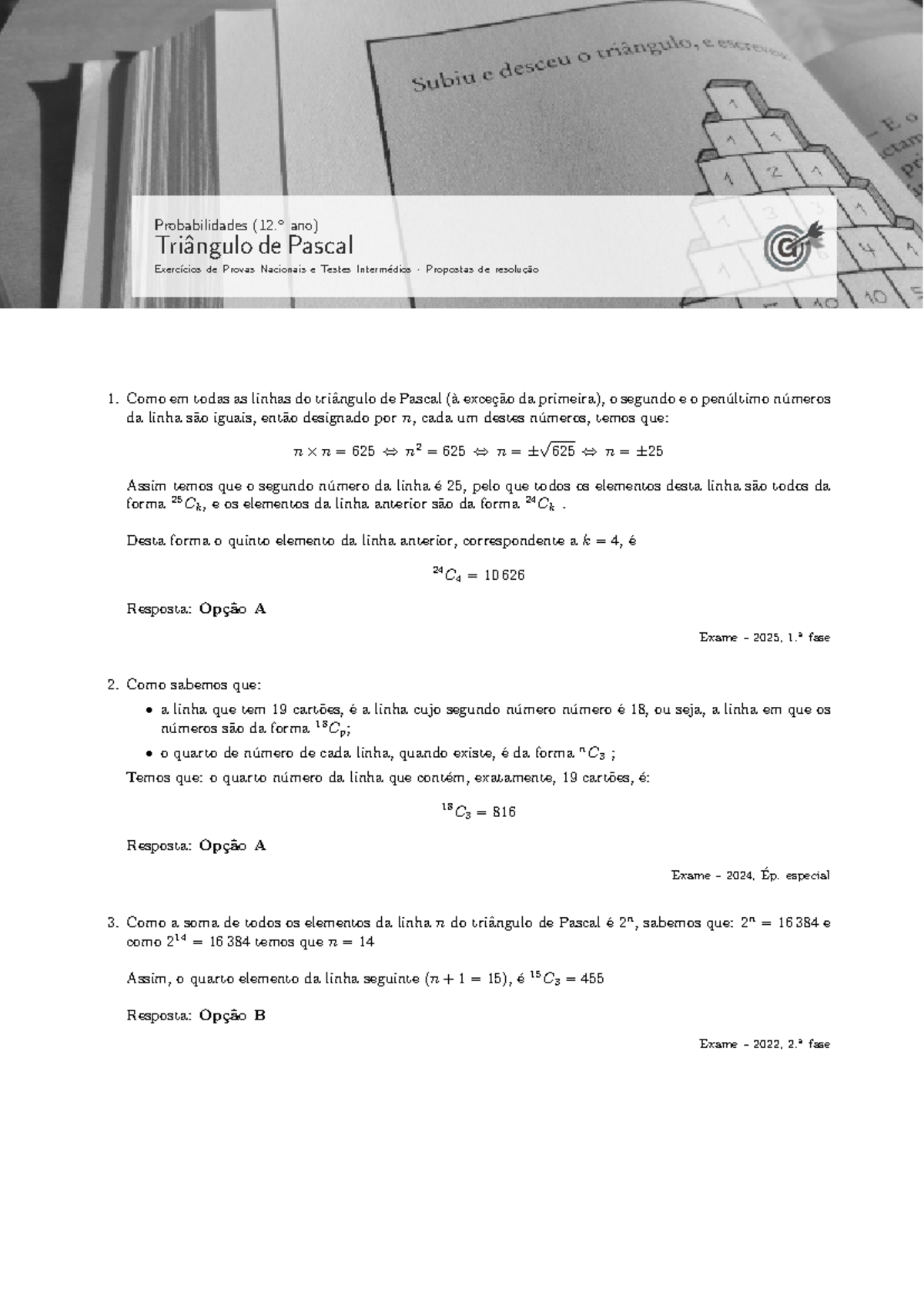 Exercícios sobre o Triângulo de Pascal (12.o ano) - Studocu