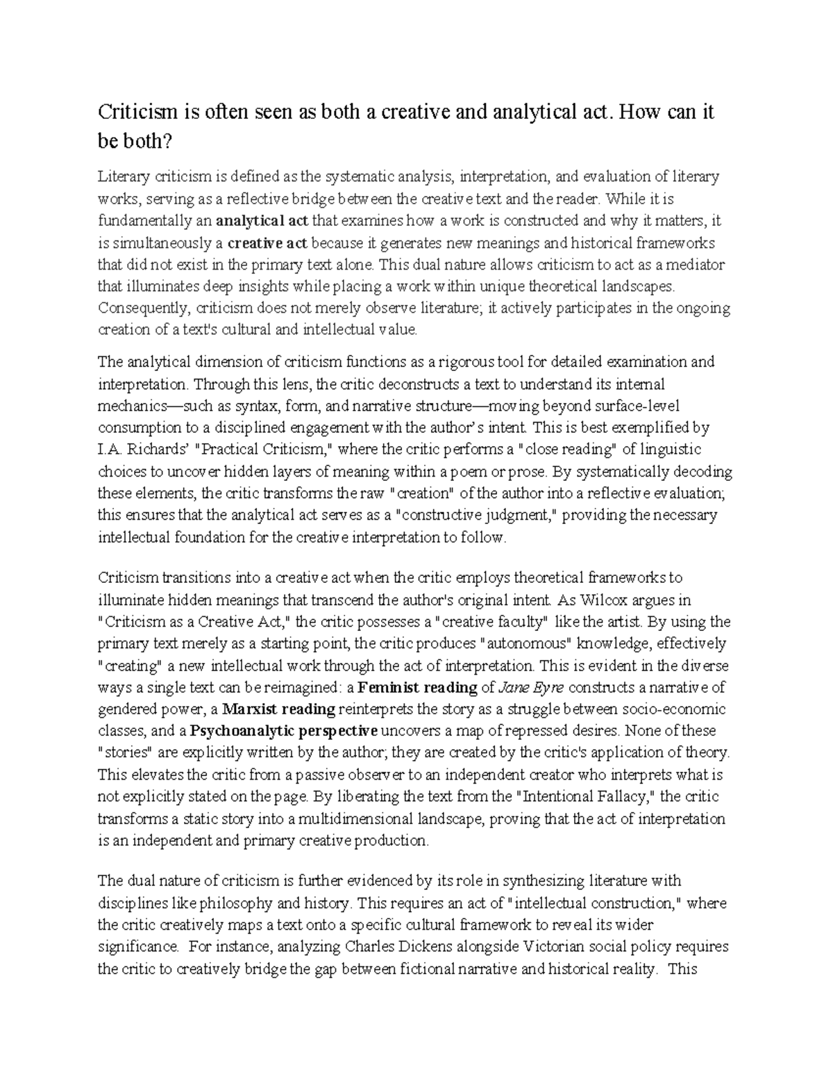 Criticism as a Creative and Analytical Act: Exploring Dual Nature - Studocu