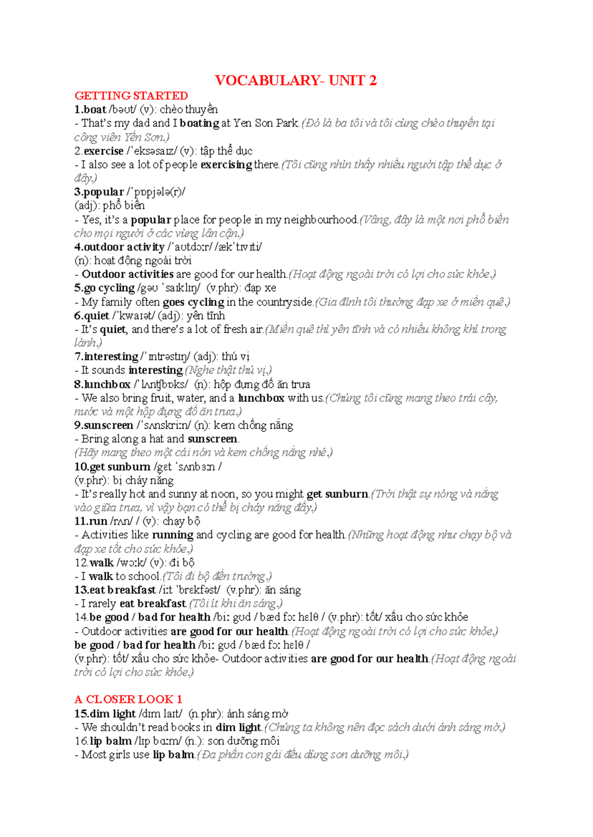 Vocabulary for UNIT 2: Getting Started - Global 7 - Studocu