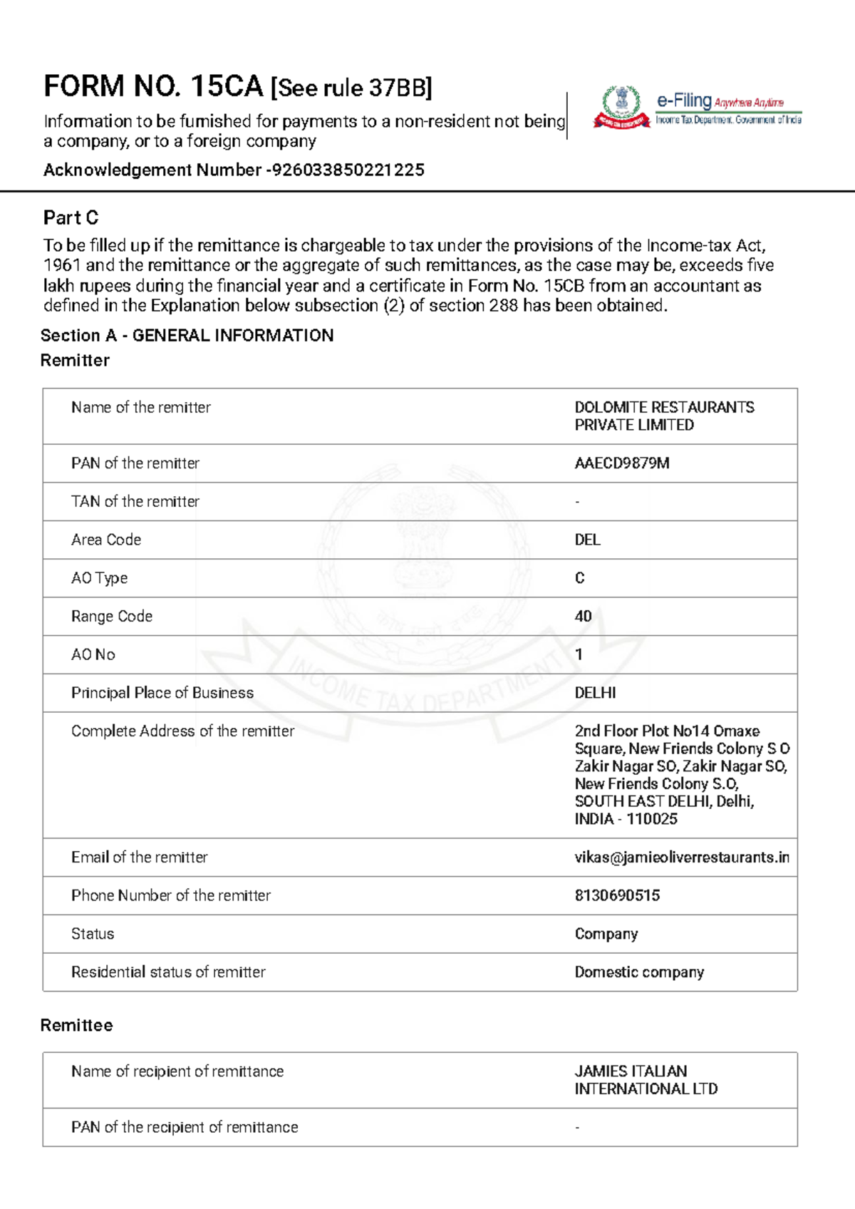Form 15CA: Remittance Details and Tax Deduction Information - Studocu