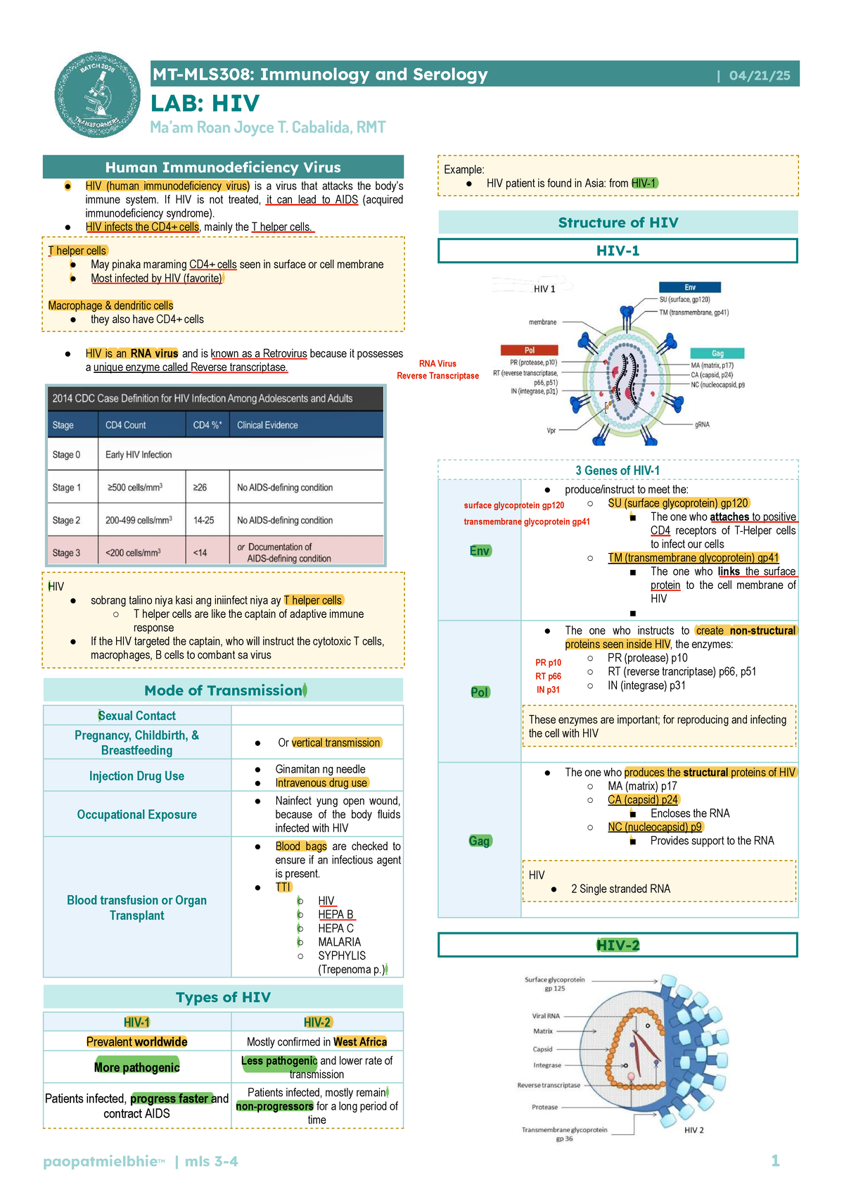 Immunology Lecture Notes: HIV & Salmonella Testing (RMT) - Studocu