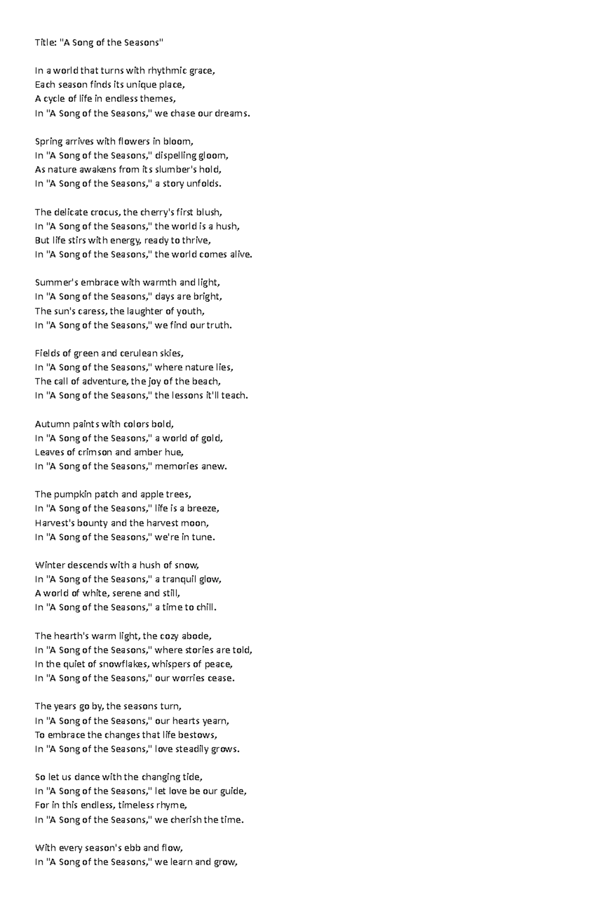 A Song of the Seasons: A Poetic Reflection on Nature's Cycle - Studocu