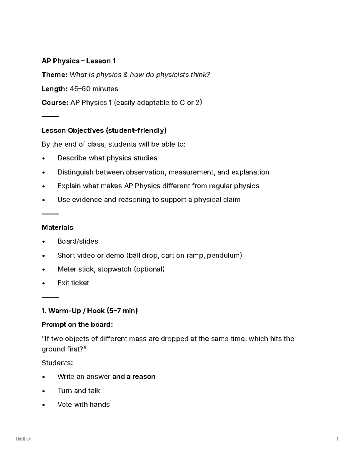 AP Physics 1 Lesson 1: Understanding Physics and Its Methods - Studocu