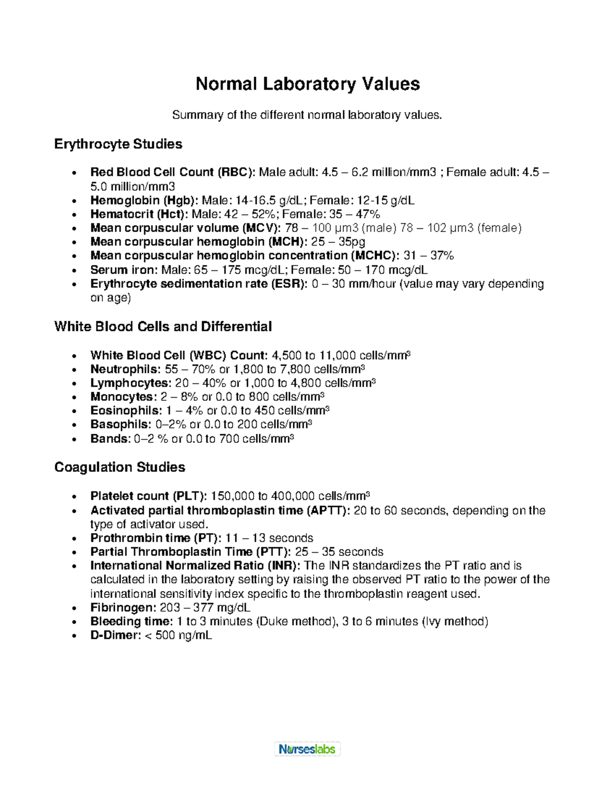 Nurseslabs Normal Lab Values for practice - Normal Laboratory Values ...
