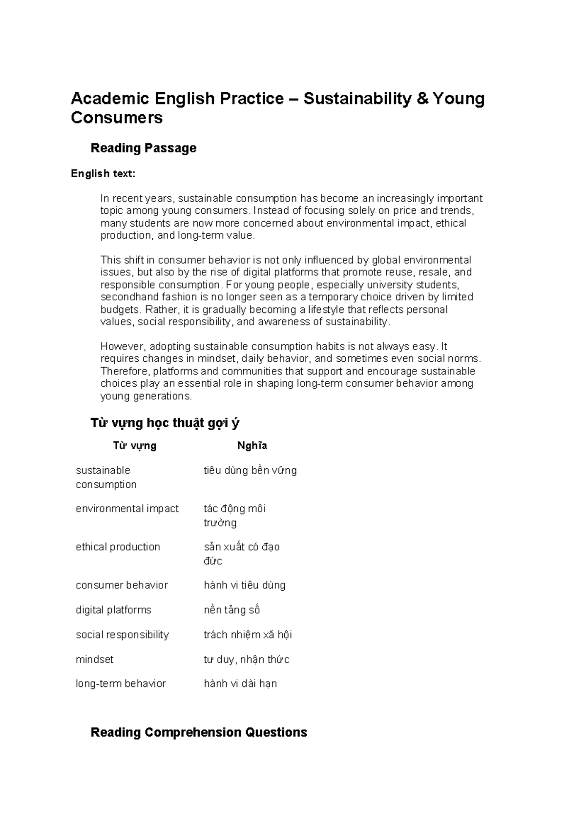 Academic English Practice: Sustainability & Young Consumers Reading ...