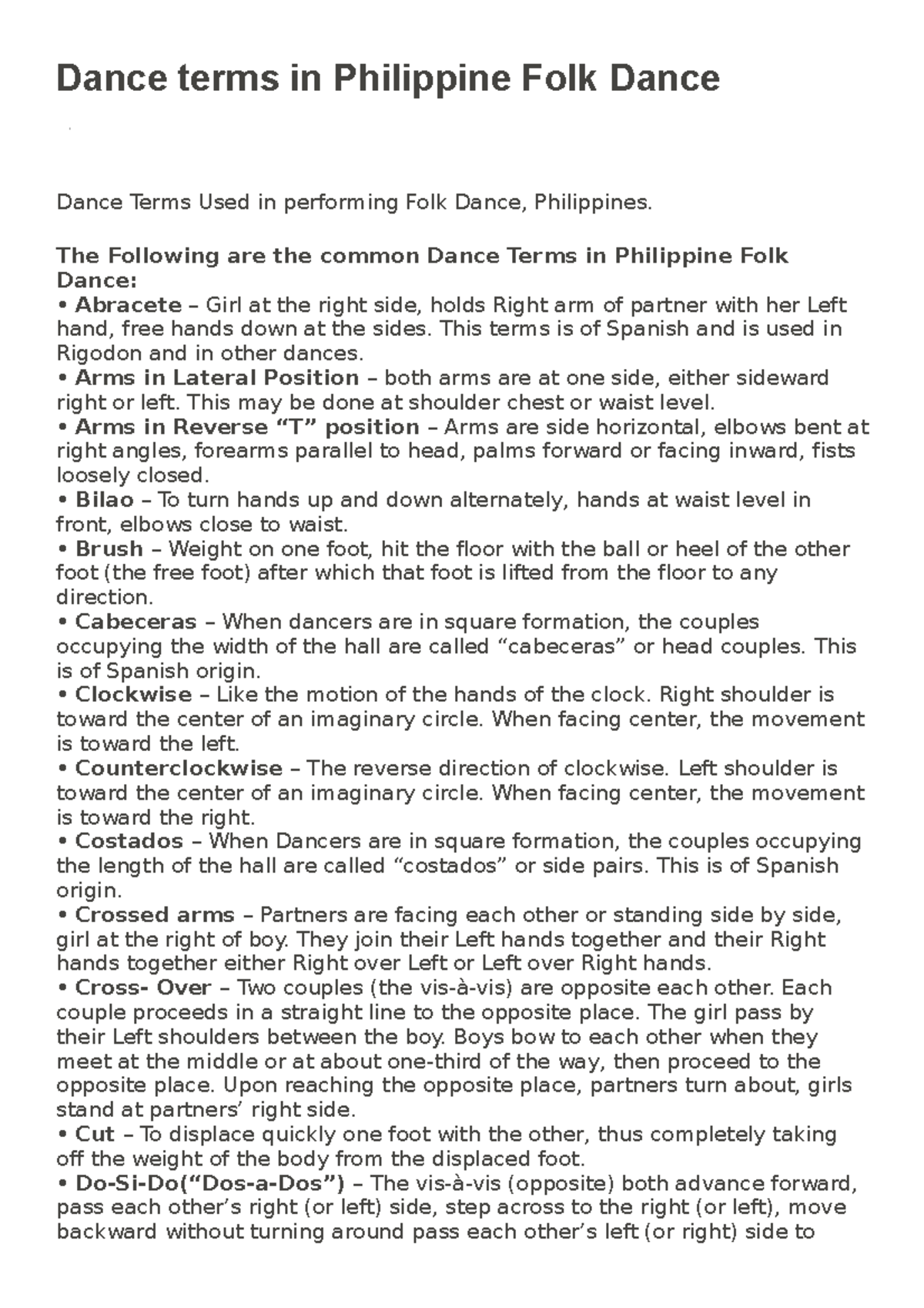 Philippine Folk Dance Terminology: Key Dance Terms Explained - Studocu