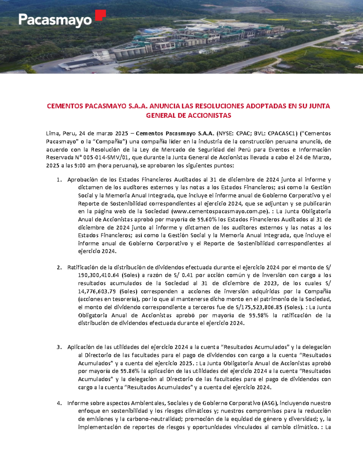 Resoluciones de la Junta General de Accionistas 2025 - Cementos ...