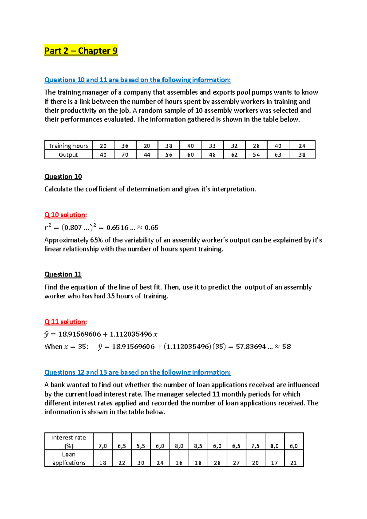 Tutorial 12 Part 2 (Chapter 9) - Q and A - Part 2 – Chapter 9 Questions 10 and 11 are based on ...