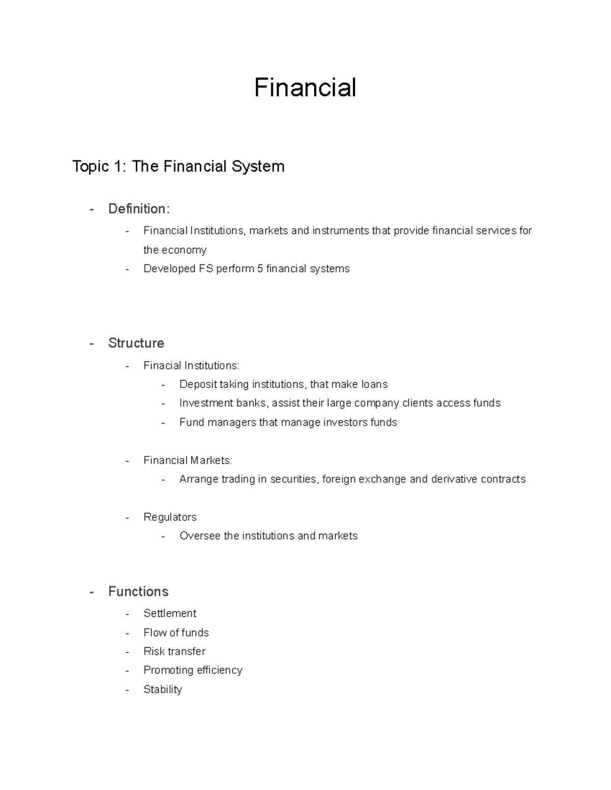 Financial System Overview: Institutions, Markets & Functions (FS) - Studocu