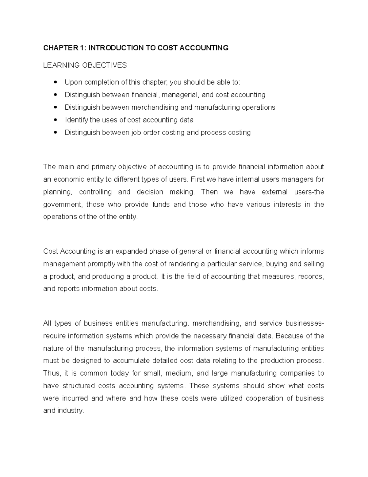CH1 Introduction TO COST Accounting - CHAPTER 1: INTRODUCTION TO COST ...
