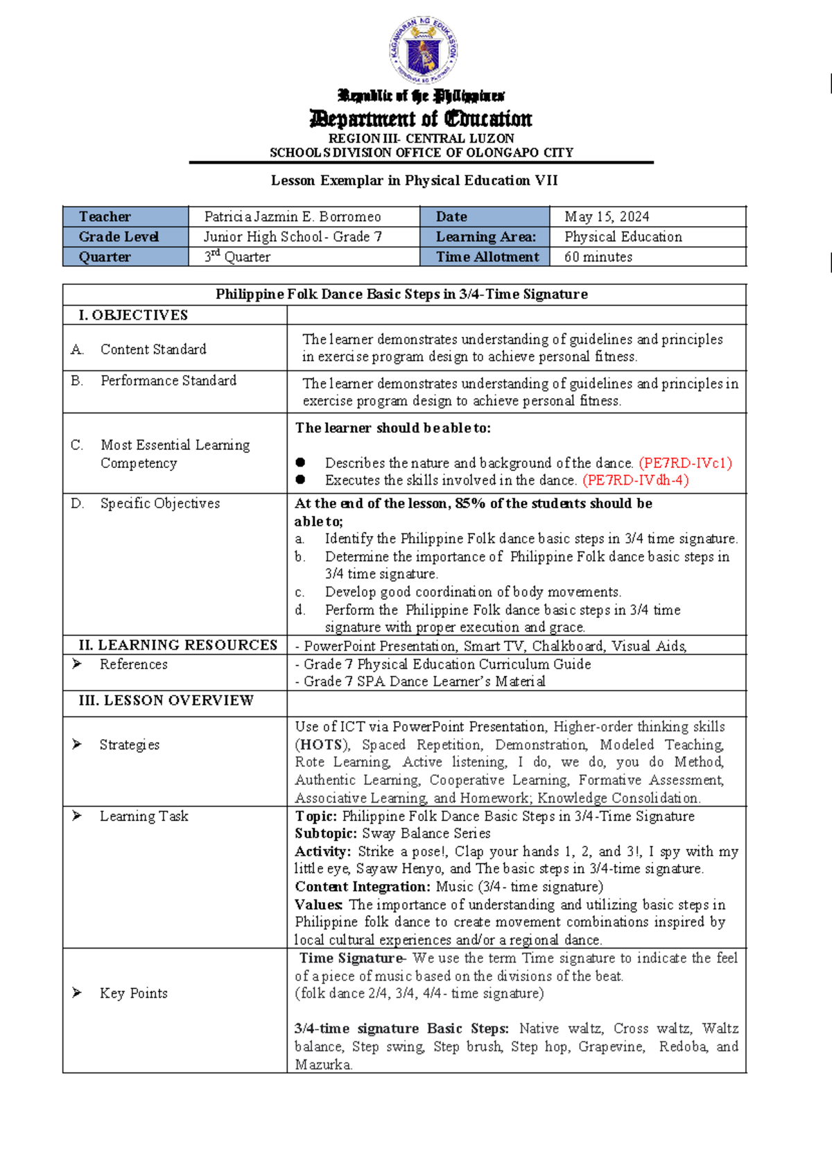 Grade 7 PE Lesson Plan: Philippine Folk Dance Basics & 3/4 Time ...