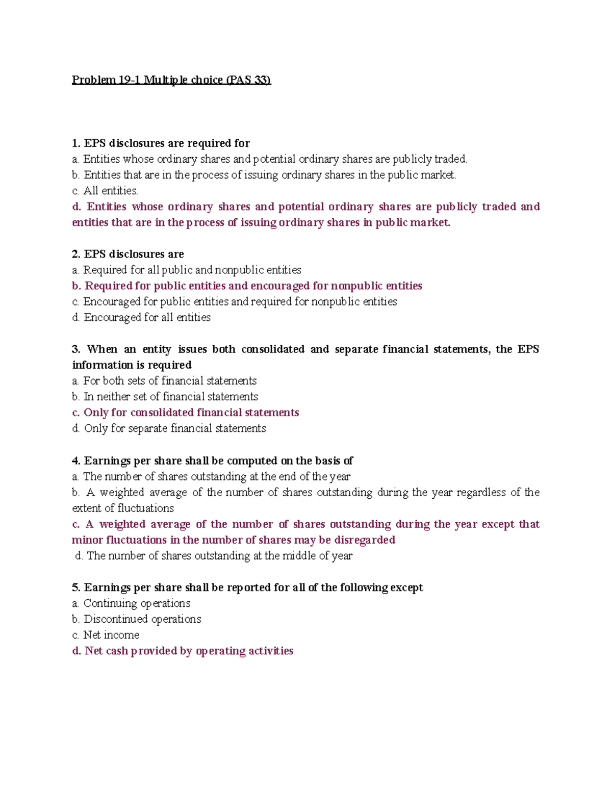 Chapter 19: MCQs on Basic Earnings Per Share (EPS) Concepts - Studocu
