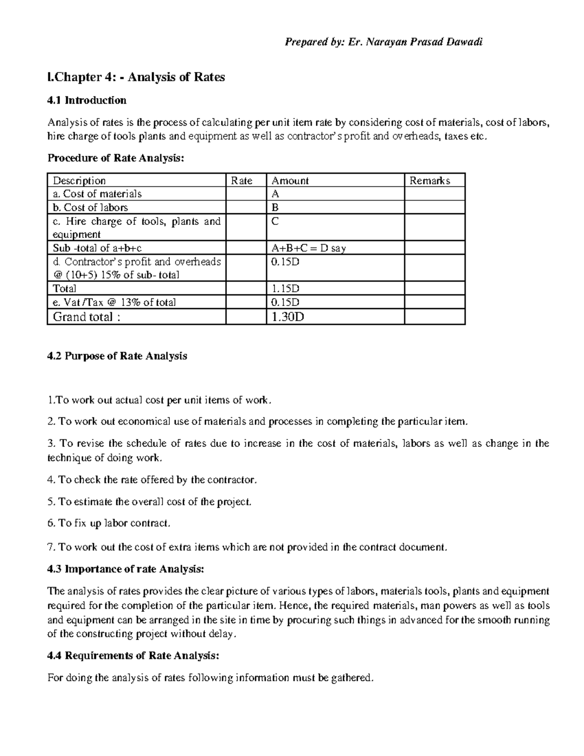 Chapter 4: Rate Analysis for Construction Cost Estimation - Studocu