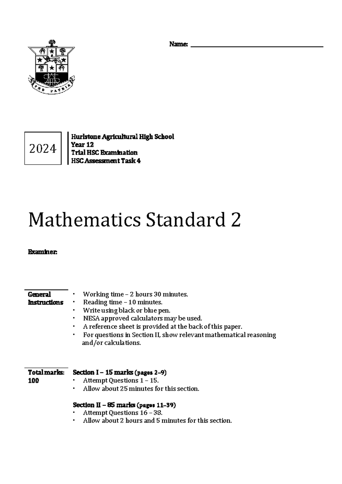 2024 HAHS Year 12 Trial HSC Mathematics Standard 2 Exam Paper - Studocu