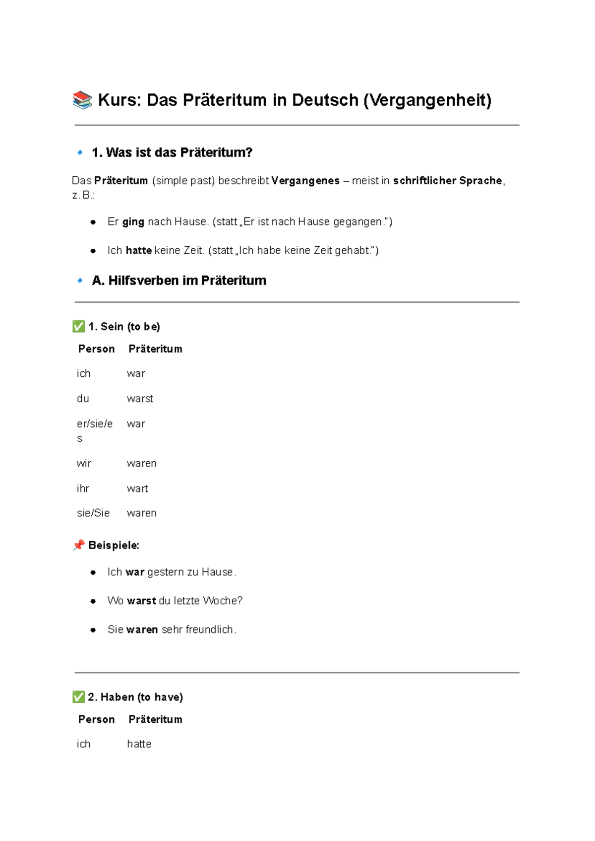Kurs: Das Präteritum in Deutsch - Grammatik und Beispiele - Studocu