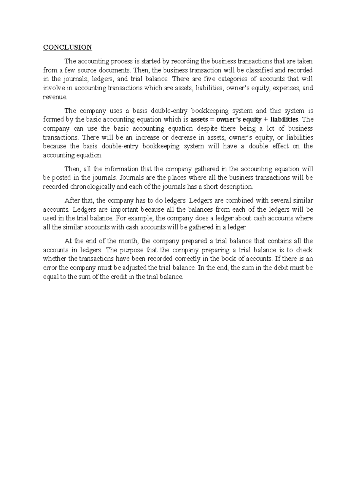 Conclusion of Final Project - ACC407: Accounting Process Overview - Studocu