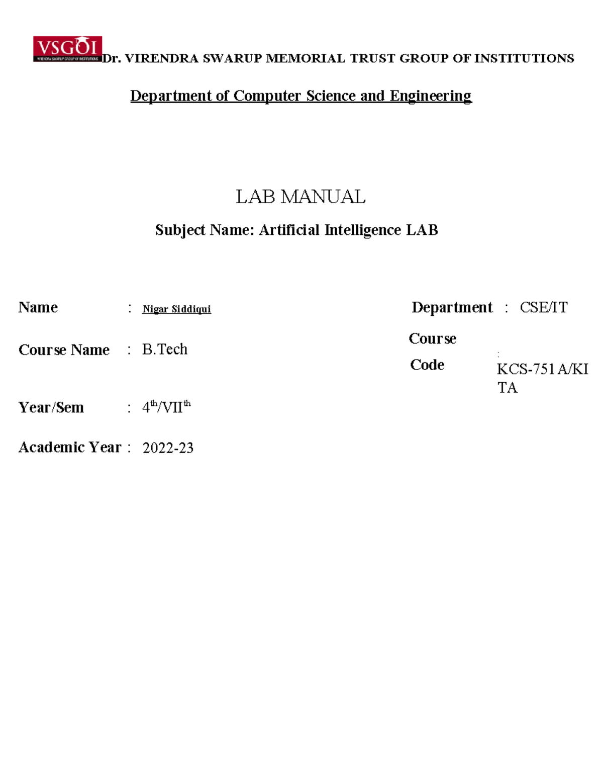 Ai Lab Manual Kcs 751 Department Of Computer Science And Engineering Lab Manual Subject Name