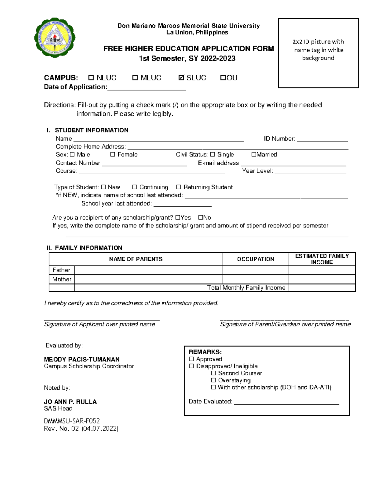 FHE Application Form for 1st Semester SY 2022-23 - DMMMSU - Studocu