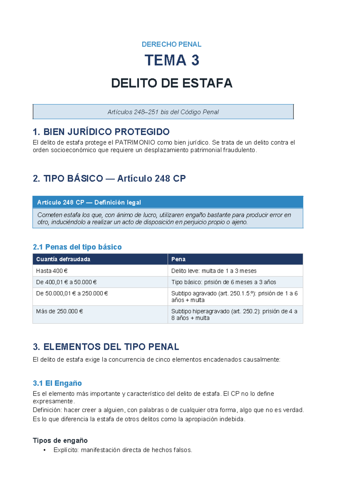 Apuntes DERECHO PENAL: Tema 3 - Delito de Estafa y su Tipificación ...