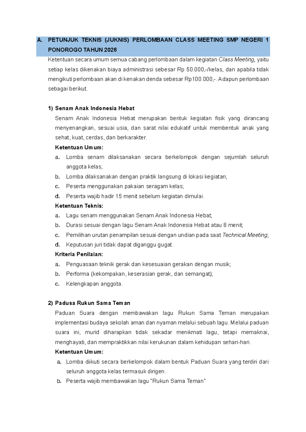 Juknis Perlombaan Class Meeting SMPN 1 Ponorogo 2026 - Studocu